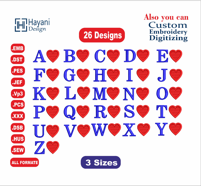 Alphabet And Heart /Letters Heart /A to Z Embroidery Designs/3 Sizes-1. ...