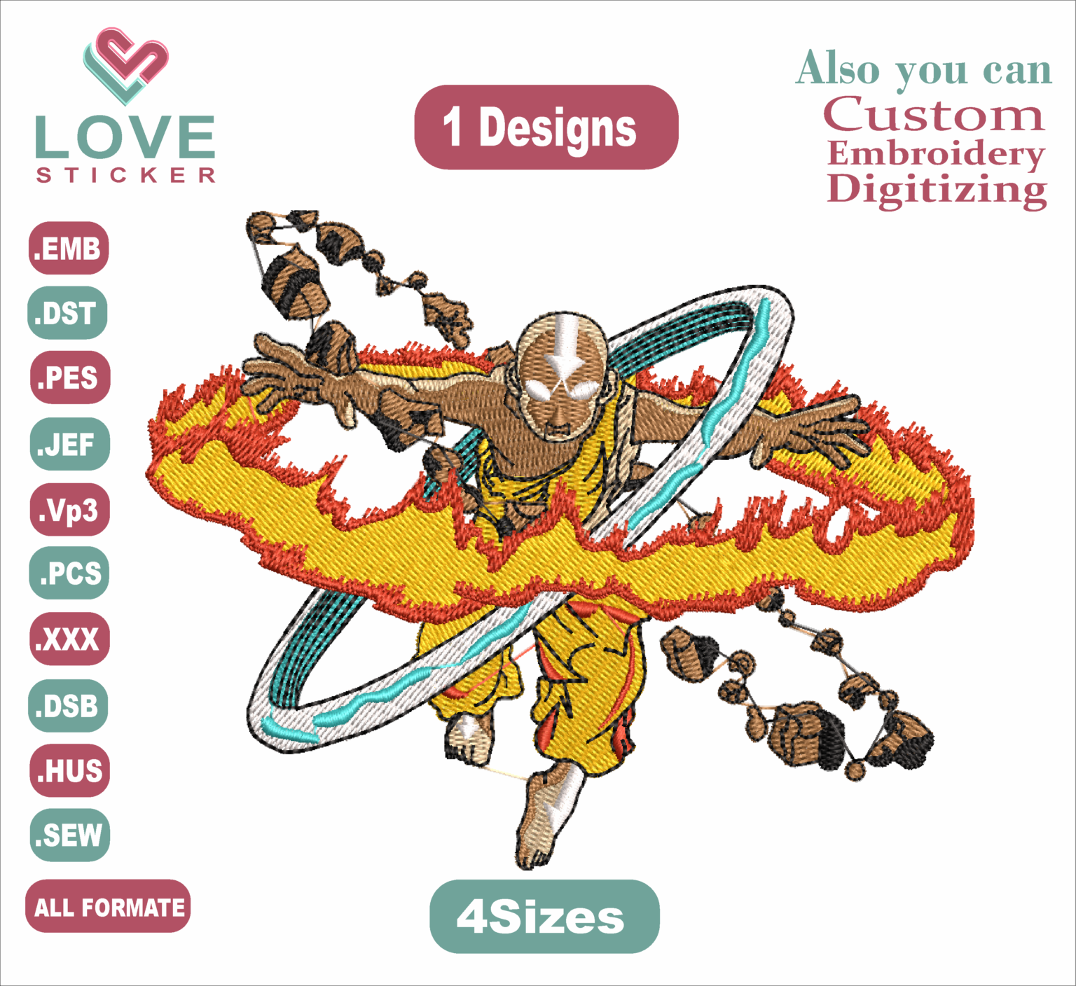 Anime avatar aang Embroidery/1 Designs & 4Size/ Free Machine Embroidery ...